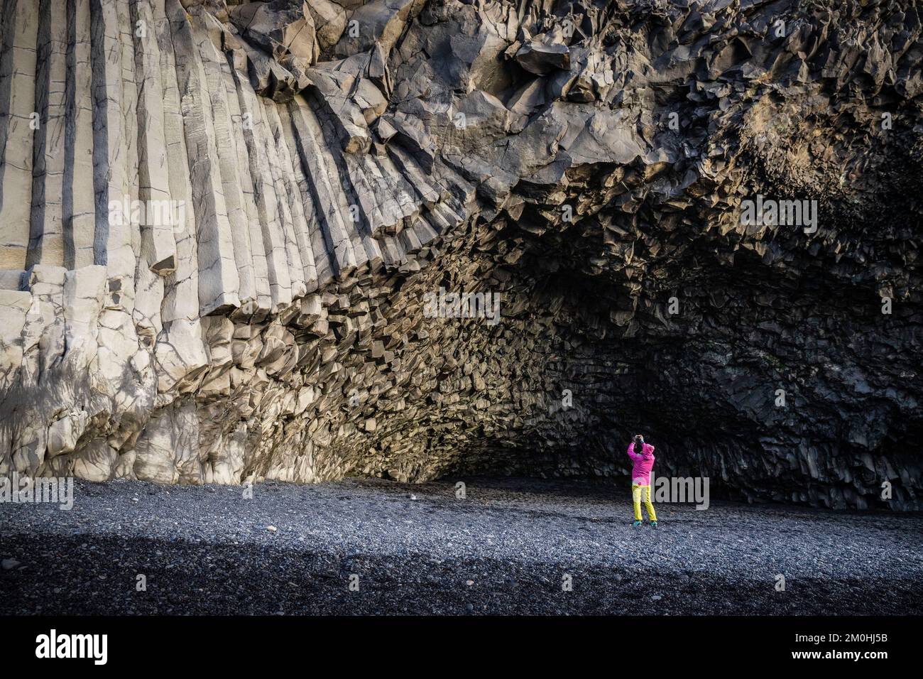 Iceland, Sudurland region, Reynisfjara beach, geometric basalt columns ...