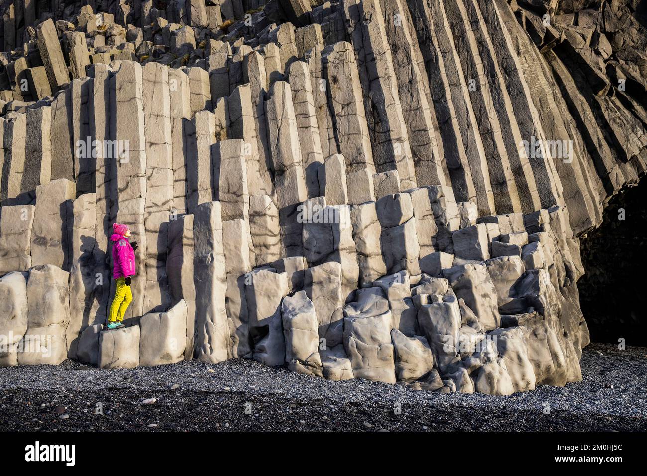 Iceland, Sudurland region, Reynisfjara beach, geometric basalt columns ...