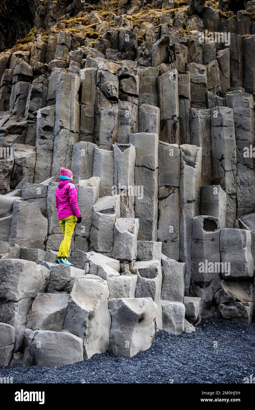 Iceland, Sudurland region, Reynisfjara beach, geometric basalt columns ...