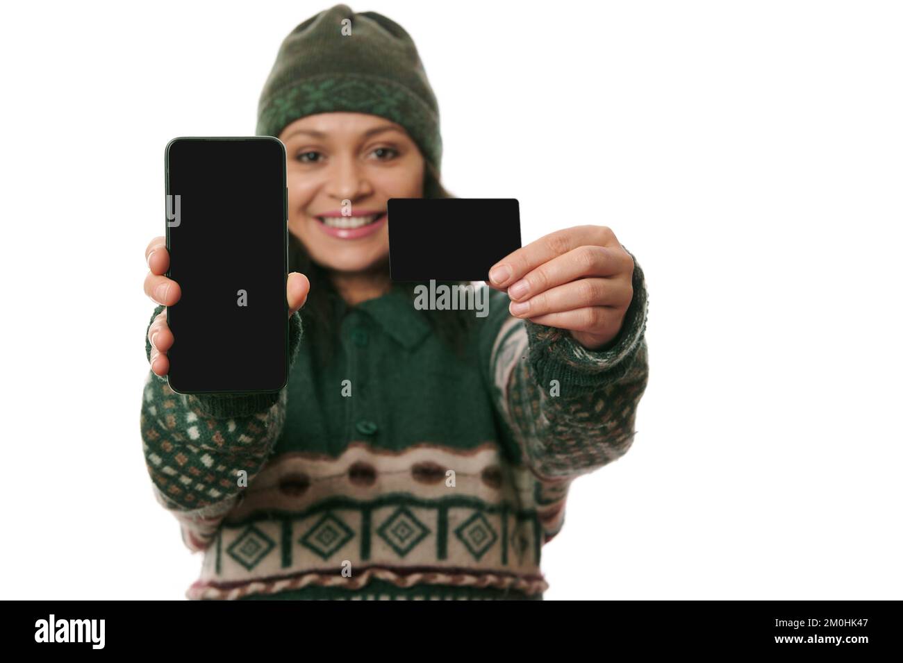 Selective focus on black blank credit card and smartphone with copy ad ...