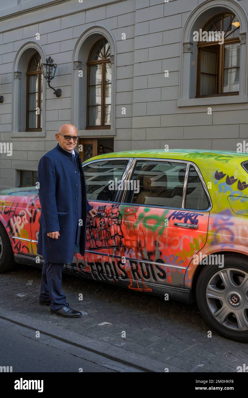 Switzerland, Basel, the Bentley tagged street-art the luxury hotel Les ...