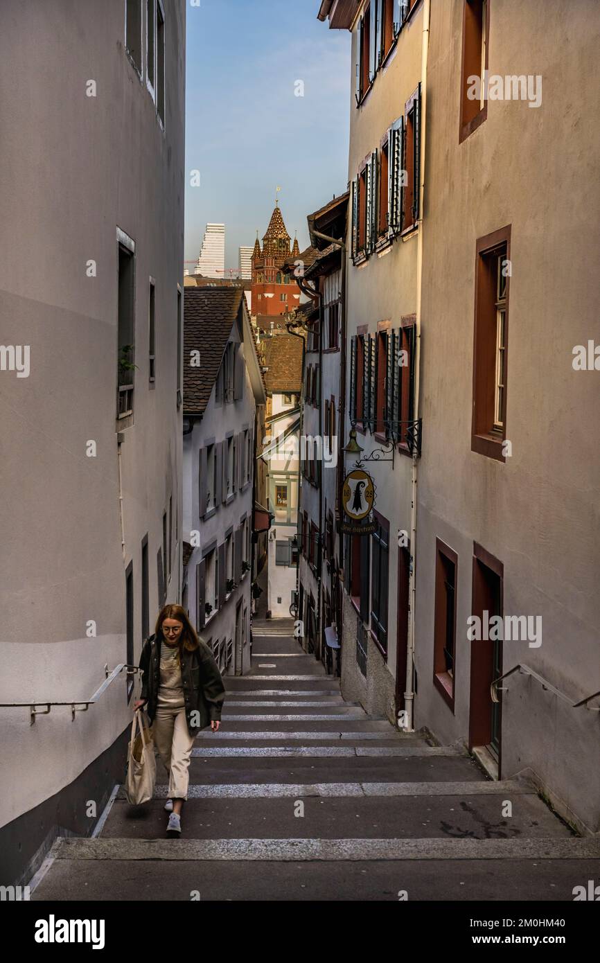 Switzerland, Basel, Old town of Greater Basel (left bank), alley and ...