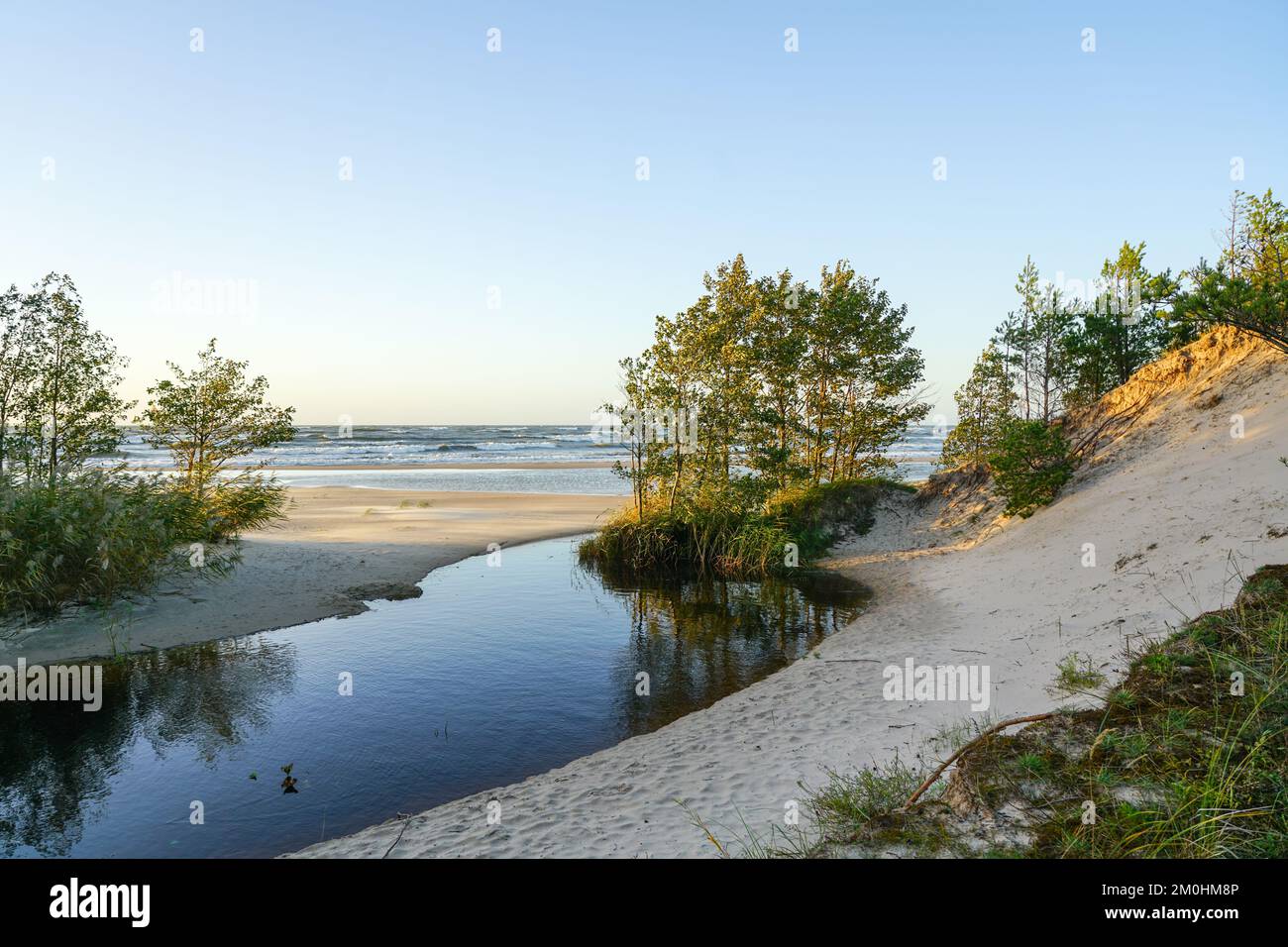 A beautiful view of the mouth of a small river through sand dunes in ...