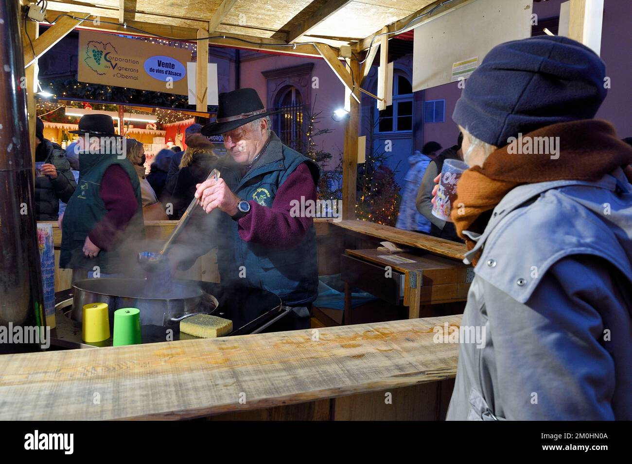 France, Bas Rhin, Obernai, Christmas market, sale of red and white ...
