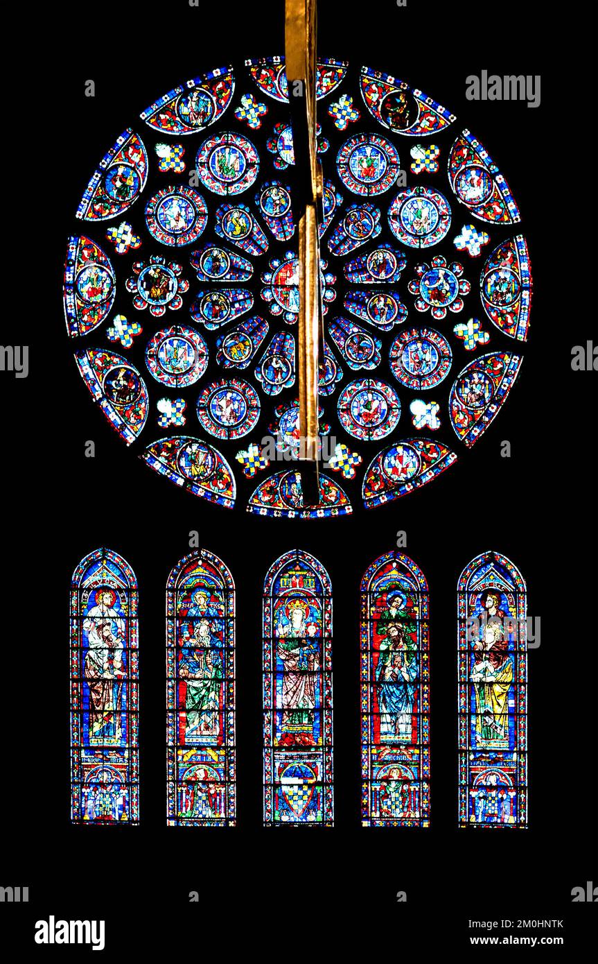 France, Eure et Loir, Chartres, stained glass windows of north facade ...