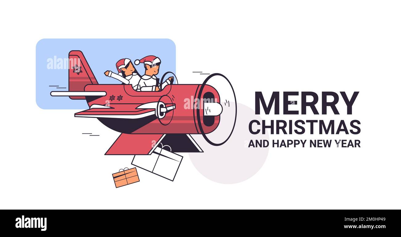 elves flying airplane with gifts merry christmas happy new year winter ...