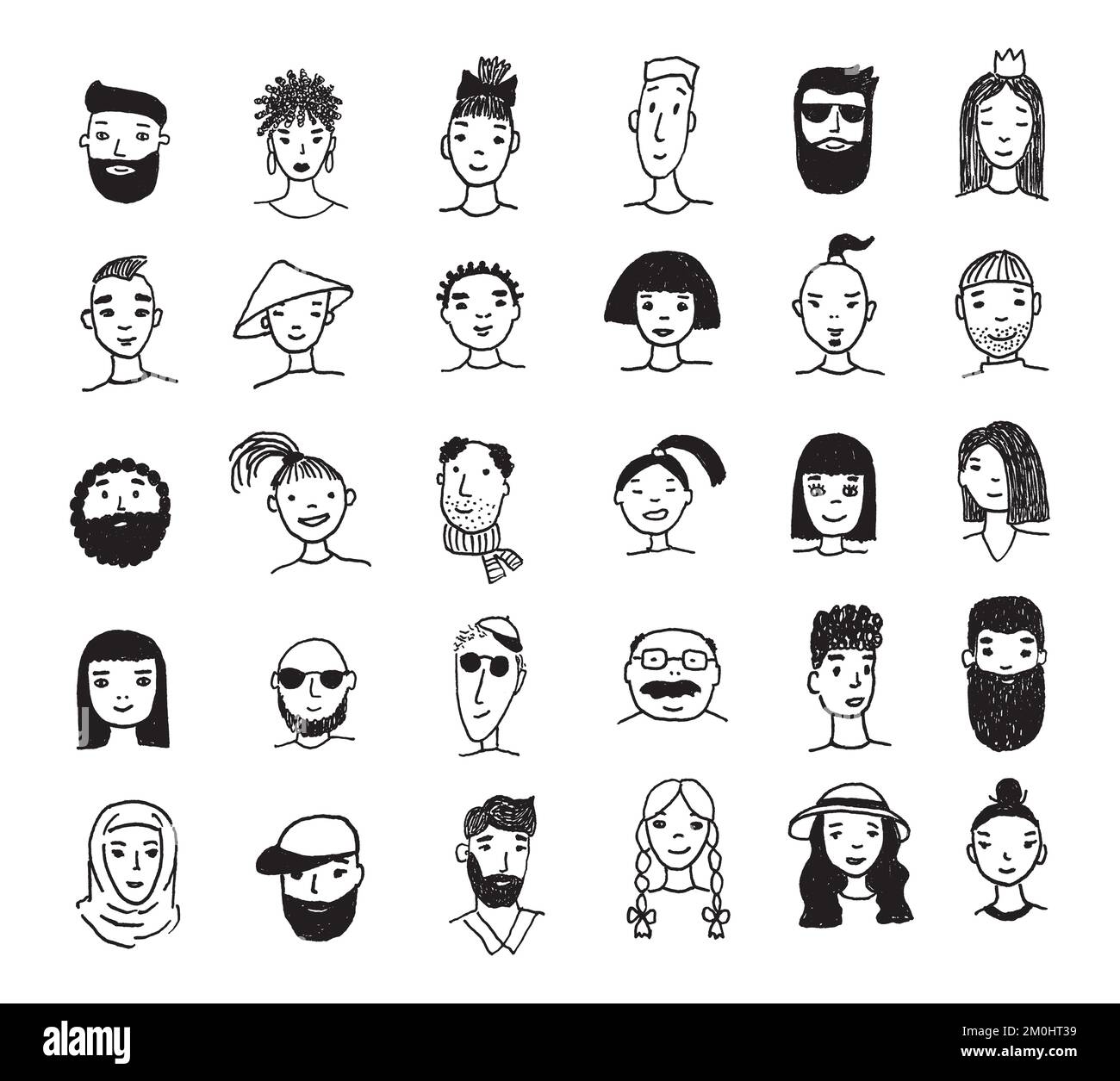 Set of people faces hand drawn in doodle style. Black lines and ...