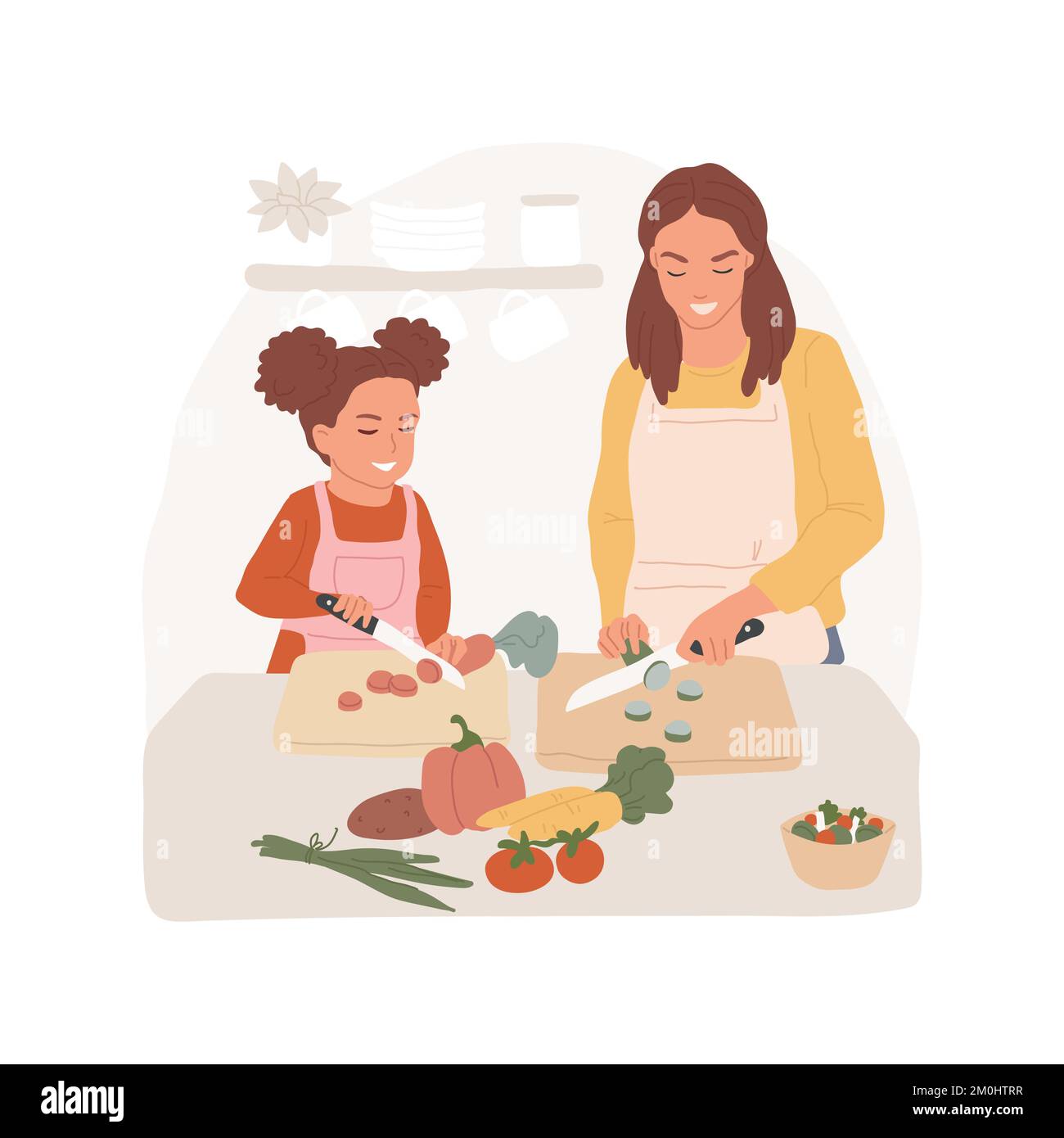 Slicing vegetables isolated cartoon vector illustration. Kid holding a ...