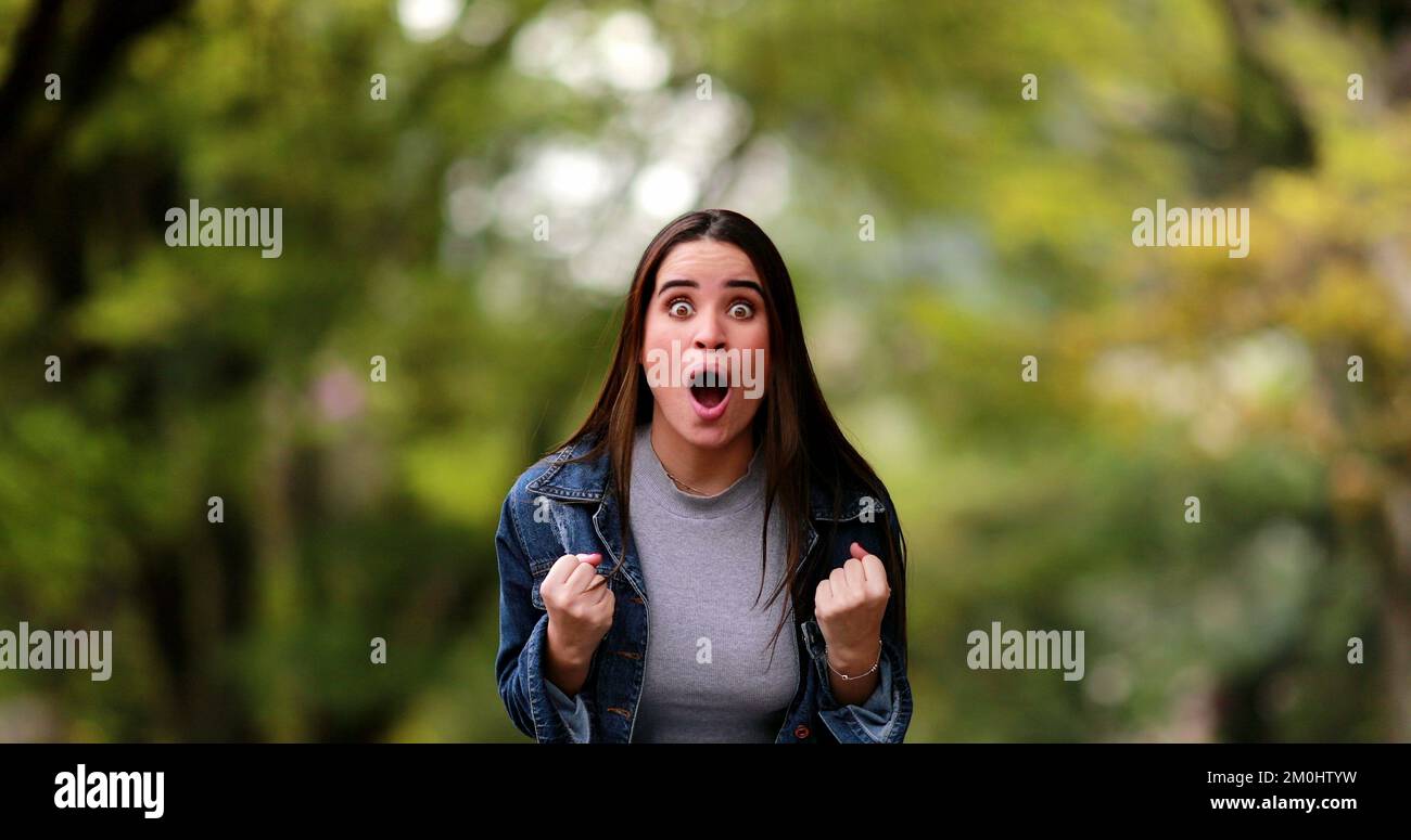 Excited dramatic woman reaction to incredible news WOW emotion Stock ...