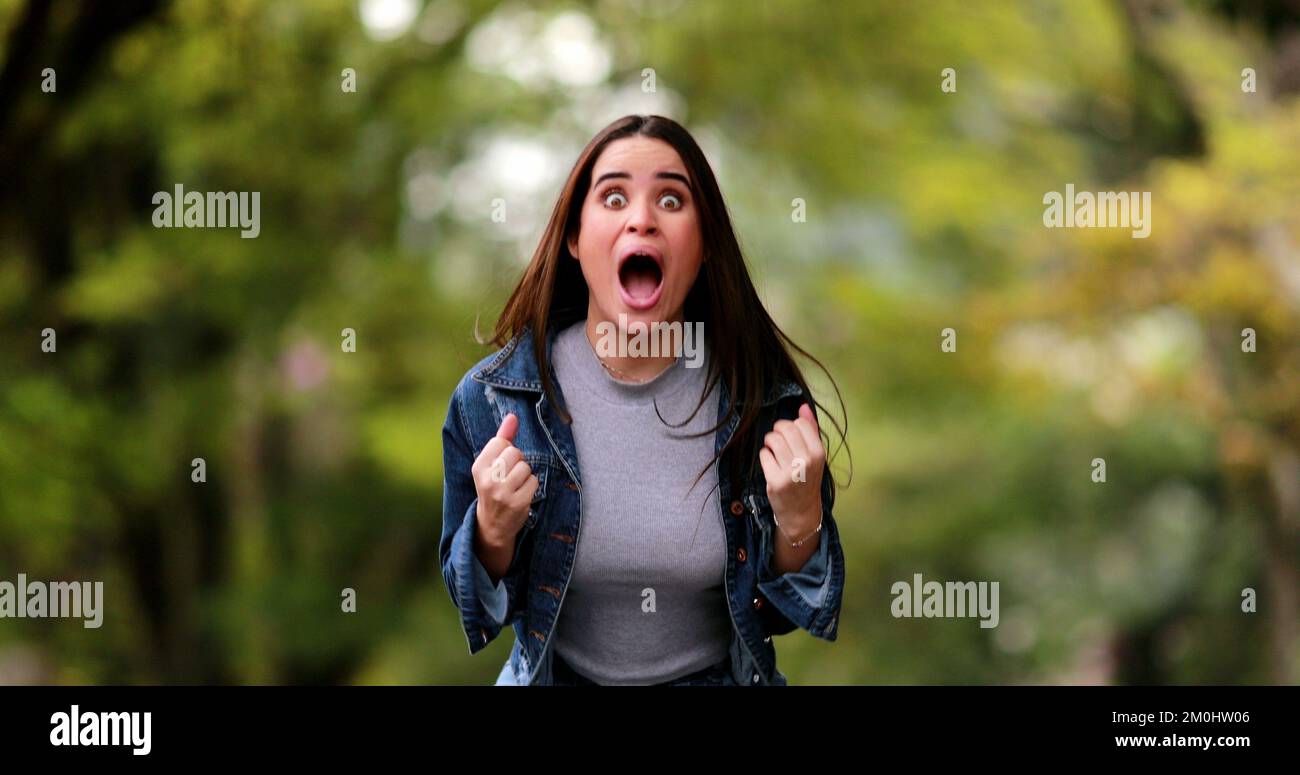 Excited dramatic woman reaction to incredible news WOW emotion Stock ...