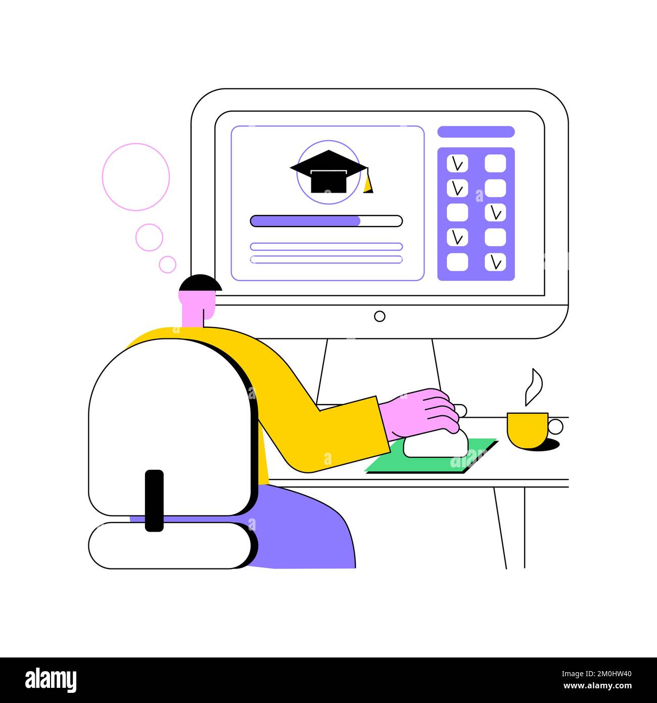 Online exam isolated cartoon vector illustrations. Focused guy filling ...
