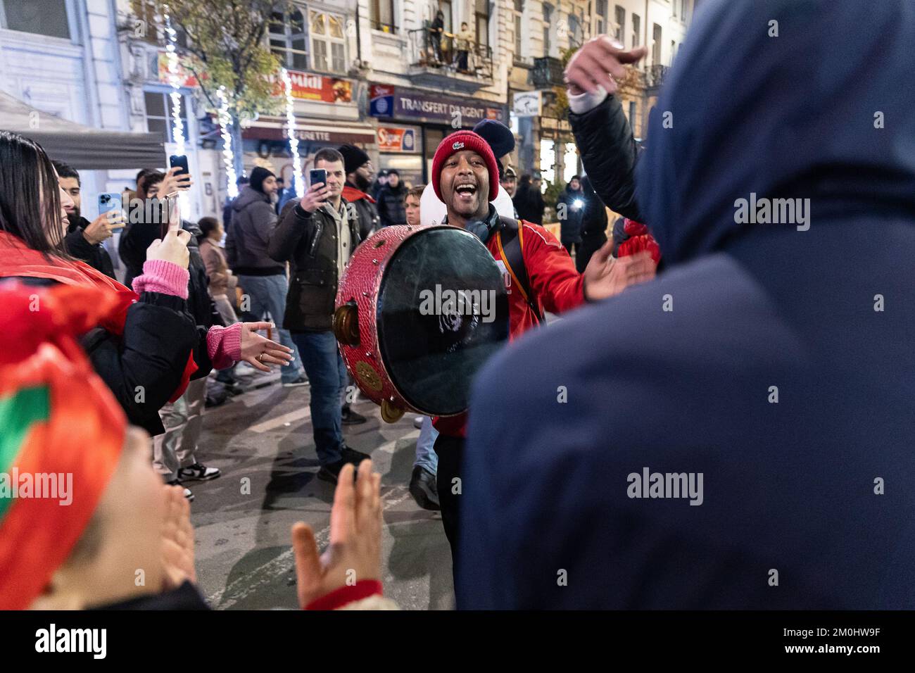 Moroccan fans celebrate in the center of Brussels, after a soccer game ...