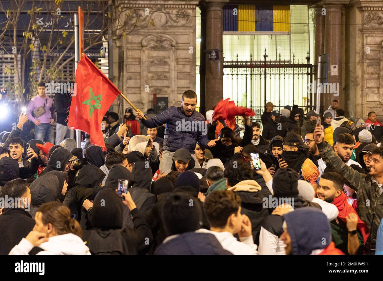 Moroccan fans celebrate in the center of Brussels, after a soccer game ...