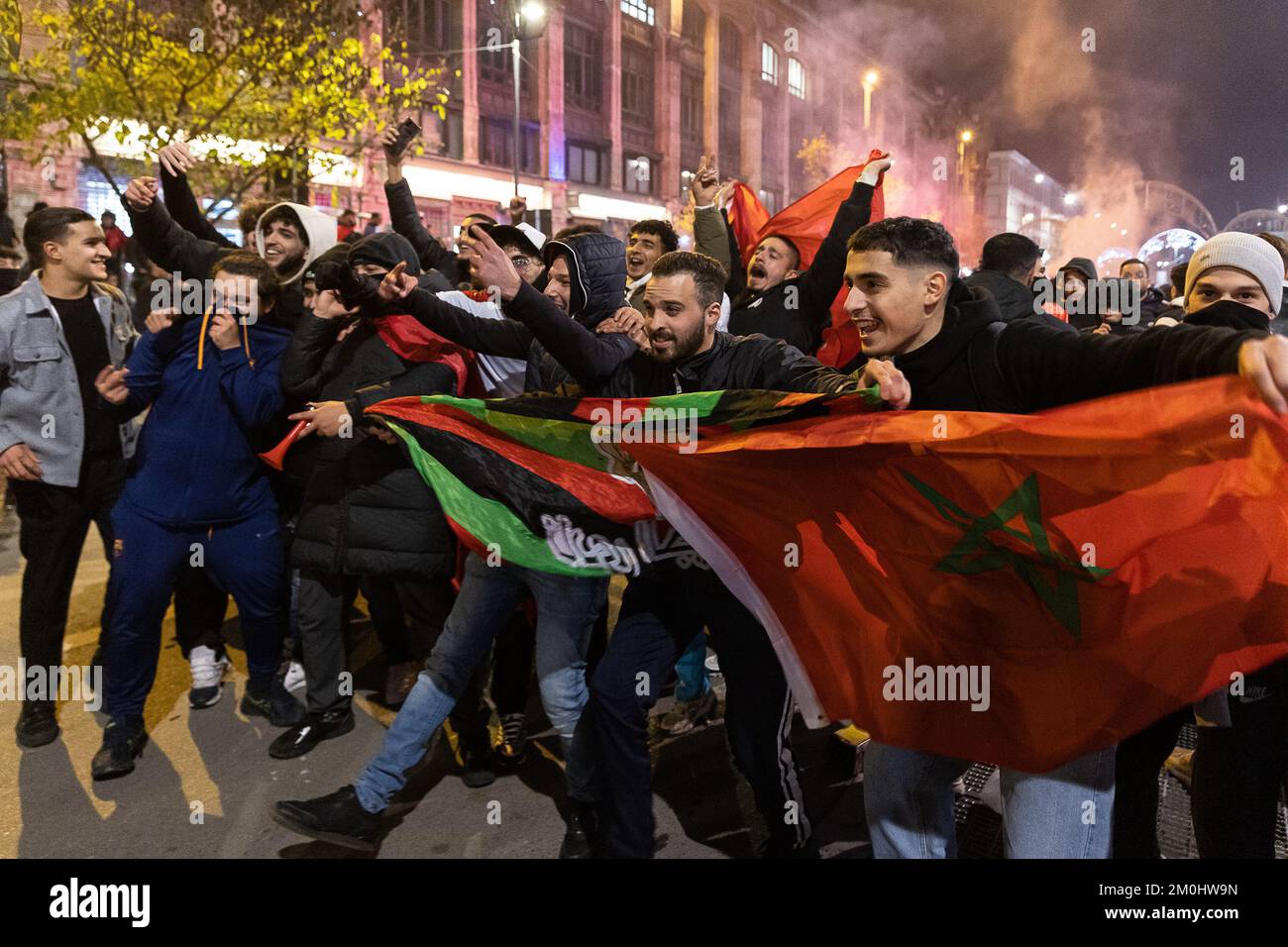 Moroccan fans celebrate in the center of Brussels, after a soccer game ...