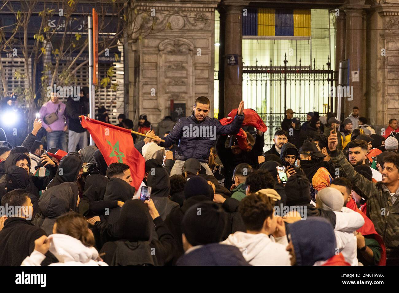 Moroccan fans celebrate in the center of Brussels, after a soccer game ...