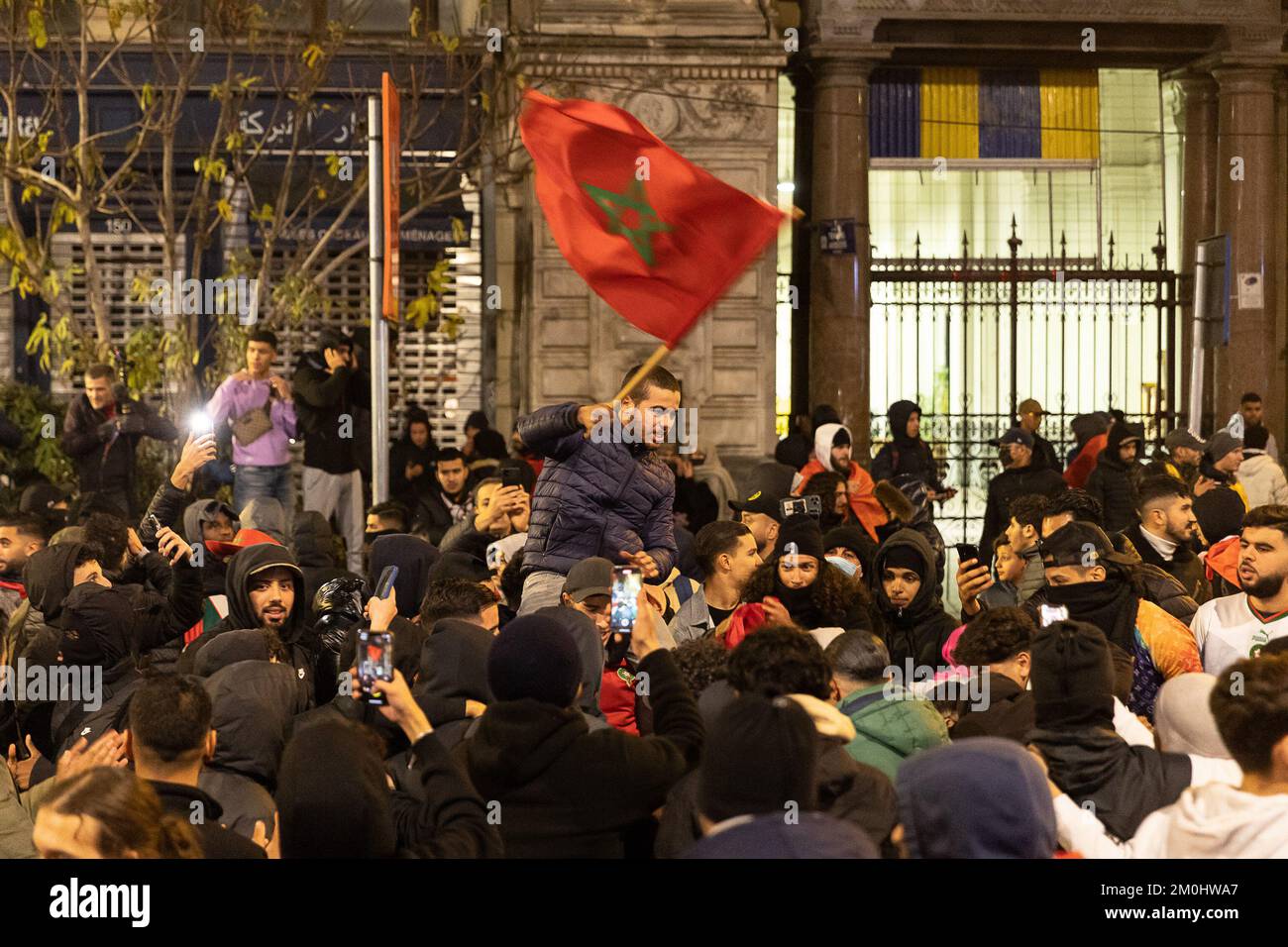 Moroccan fans celebrate in the center of Brussels, after a soccer game ...