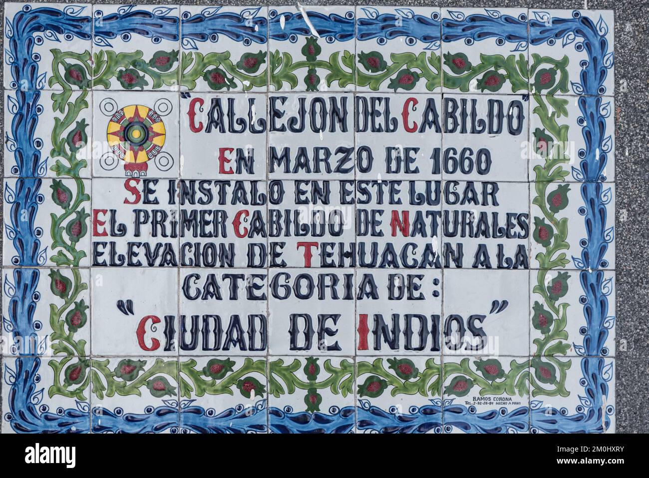 Tiled sign/information notice in Tehuacan, Mexico Stock Photo - Alamy
