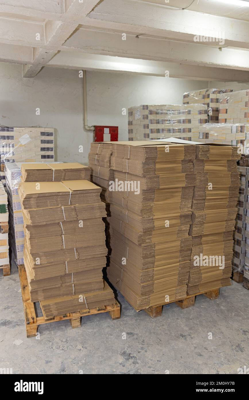 Cardboard Boxes Packaging Stacks at Pallets in Storage Room Stock Photo ...