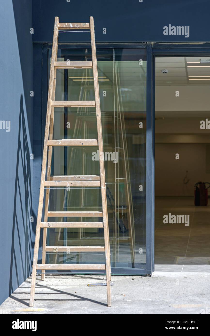 Tall Wooden Ladder at Building Exterior Construction Work Stock Photo ...