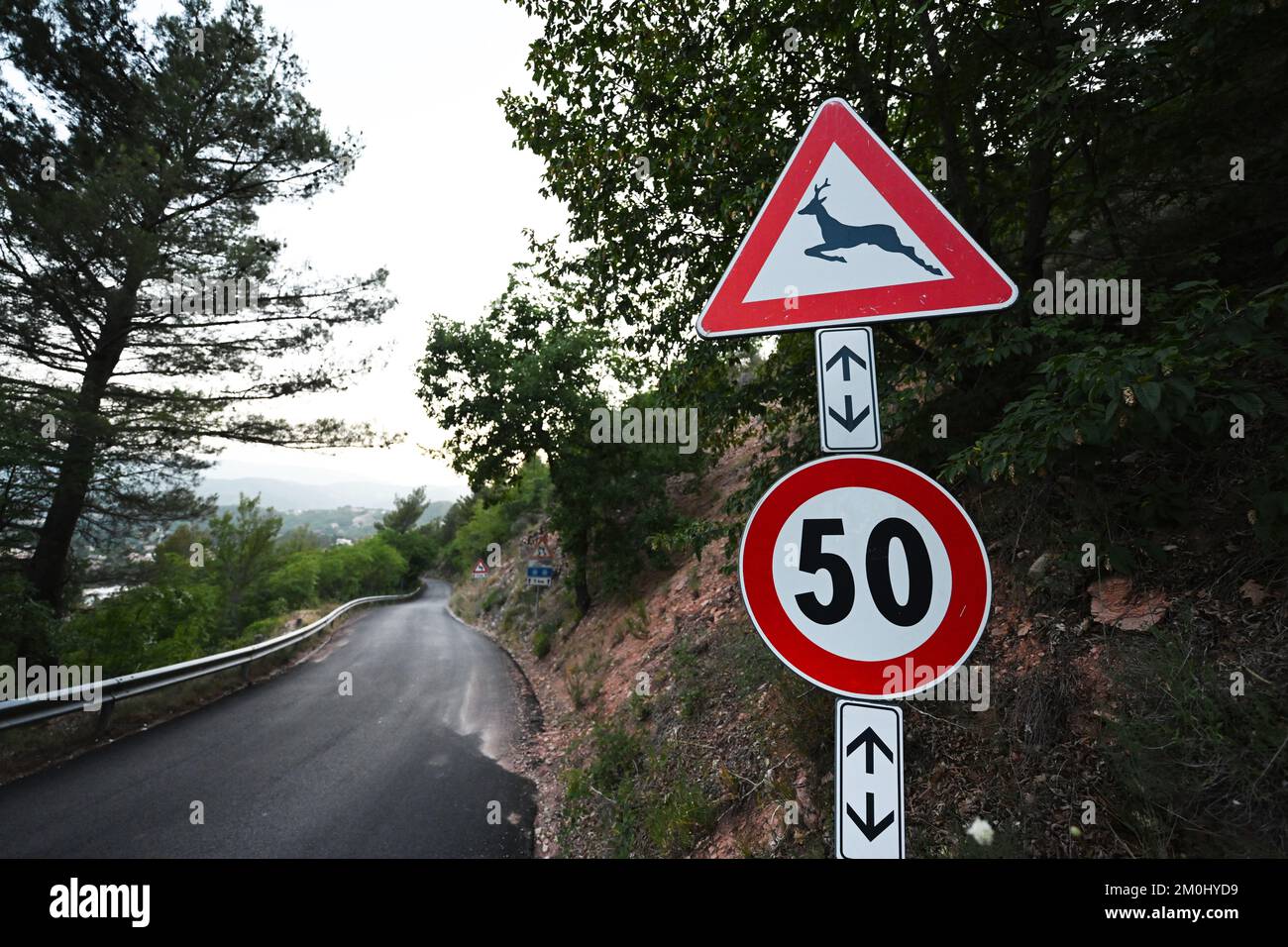Deer crossing road sign and fifty kilometers per hour speed limit Stock ...