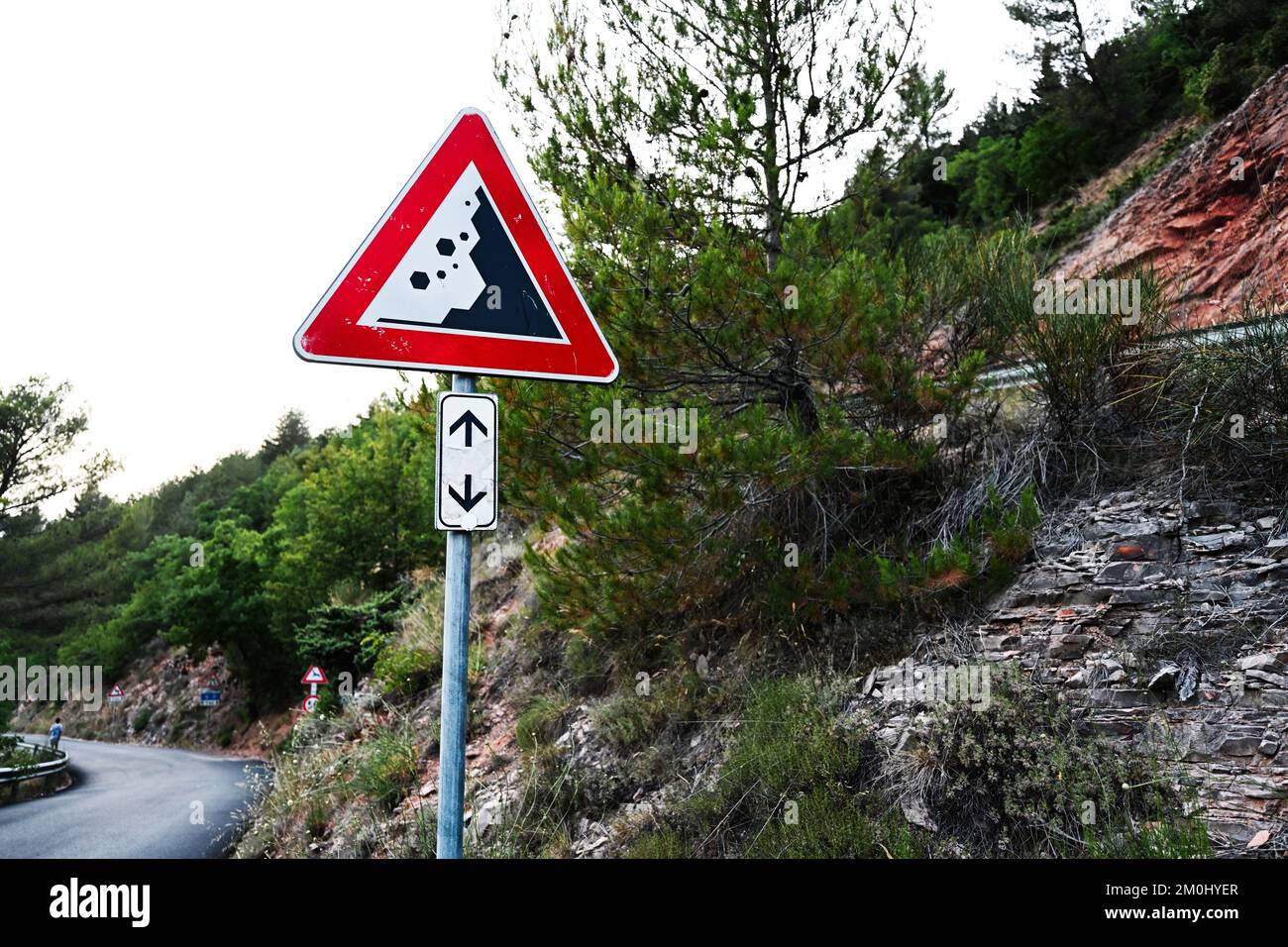 Road sign falling stones, traffic sign caution possible falling rocks ...
