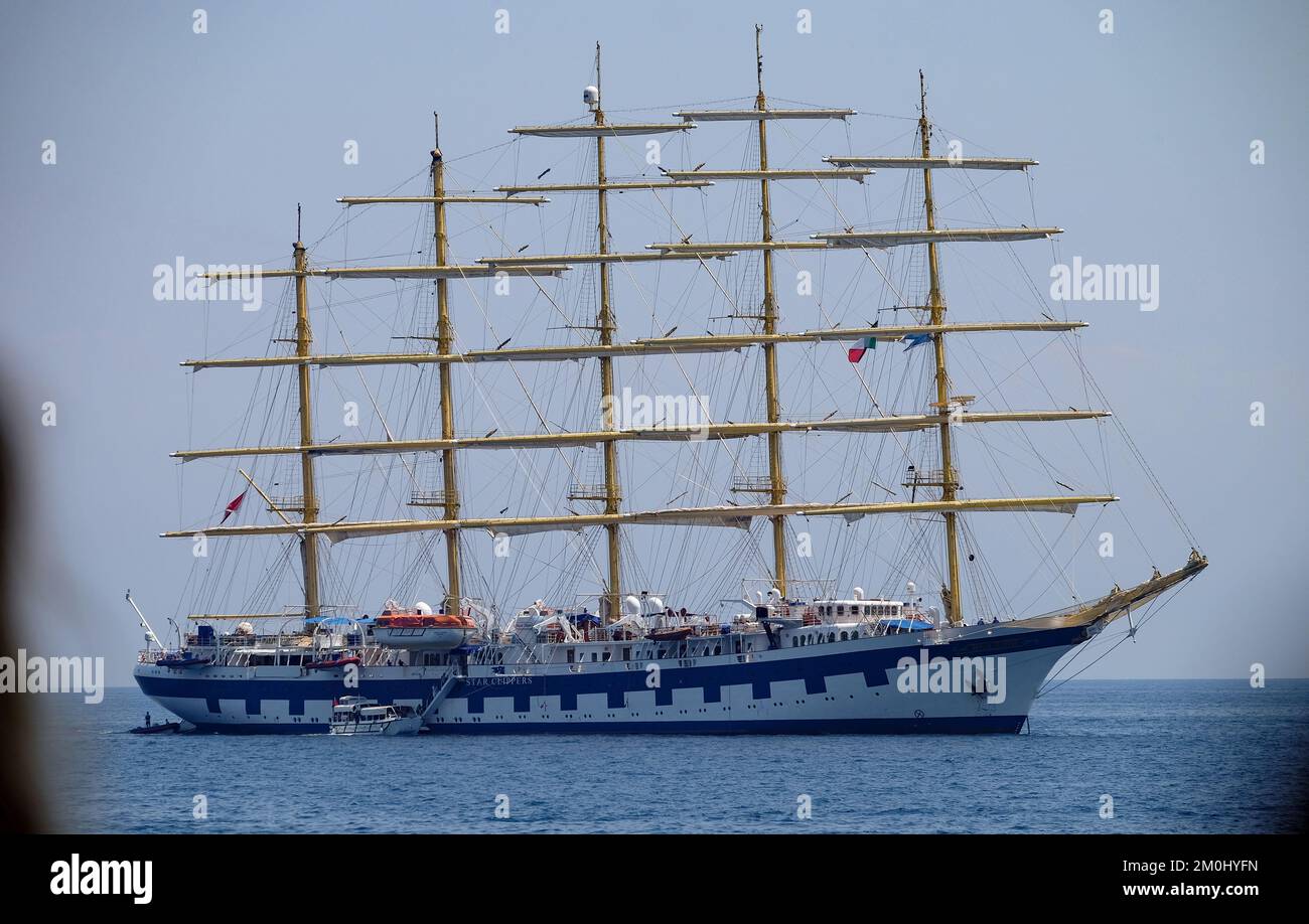 The Royal Clipper tall ship seen off the Amalfi Coast close to Positano ...