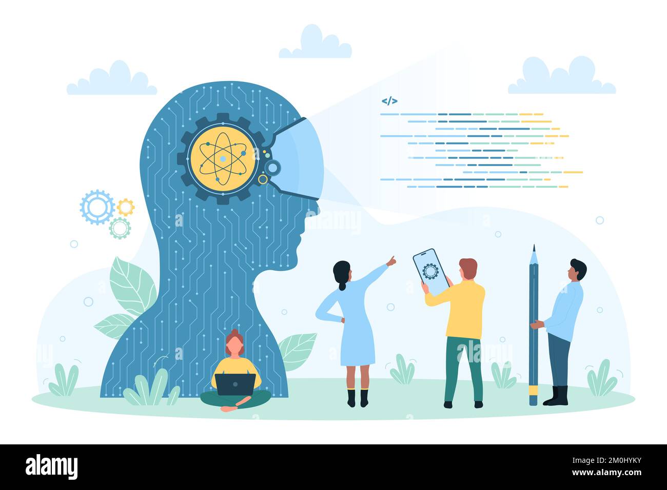 Artificial intelligence vector illustration. Cartoon tiny people work ...
