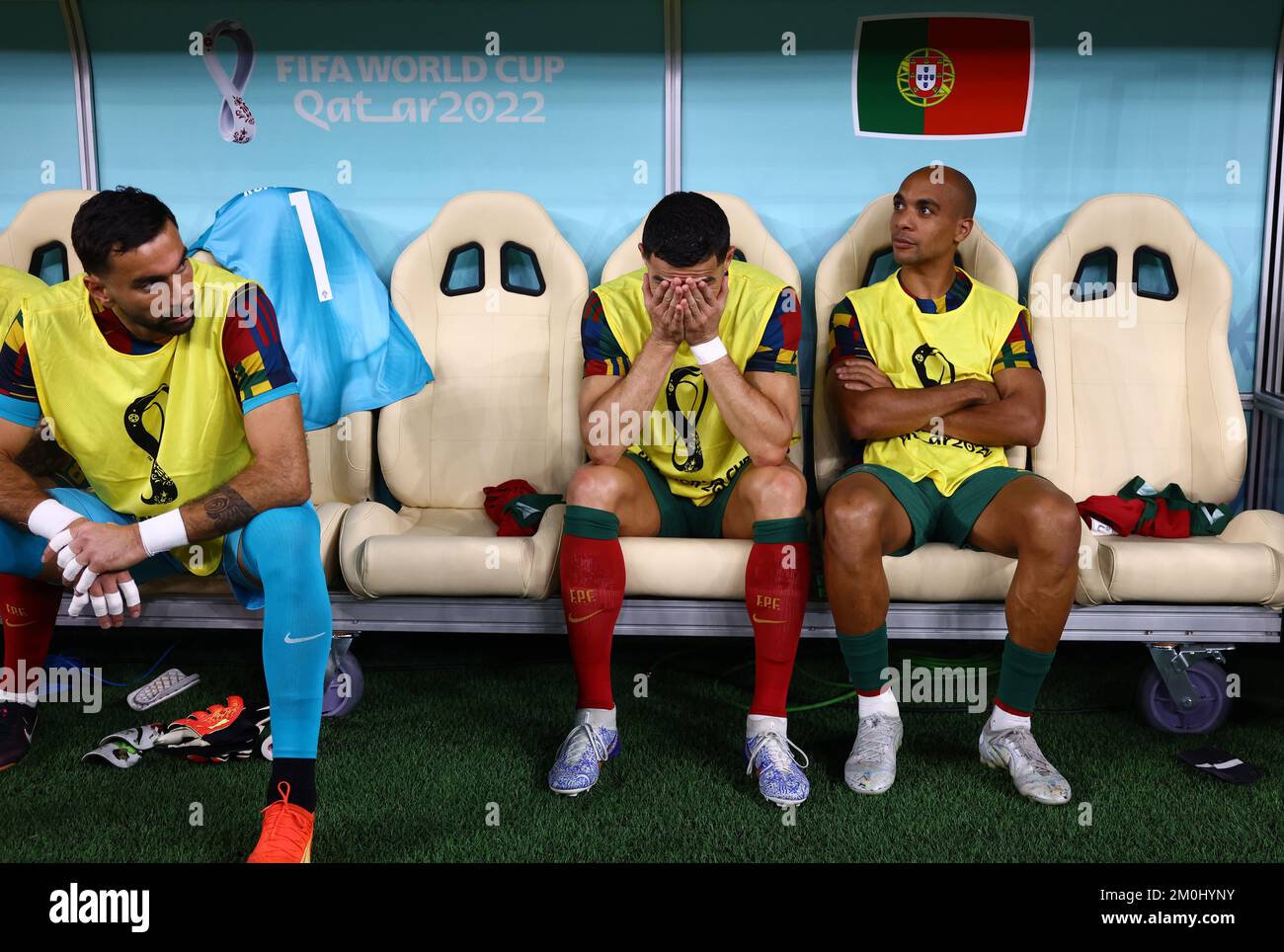 Doha, Qatar, 6th December 2022. Cristiano Ronaldo of Portugal sits on ...