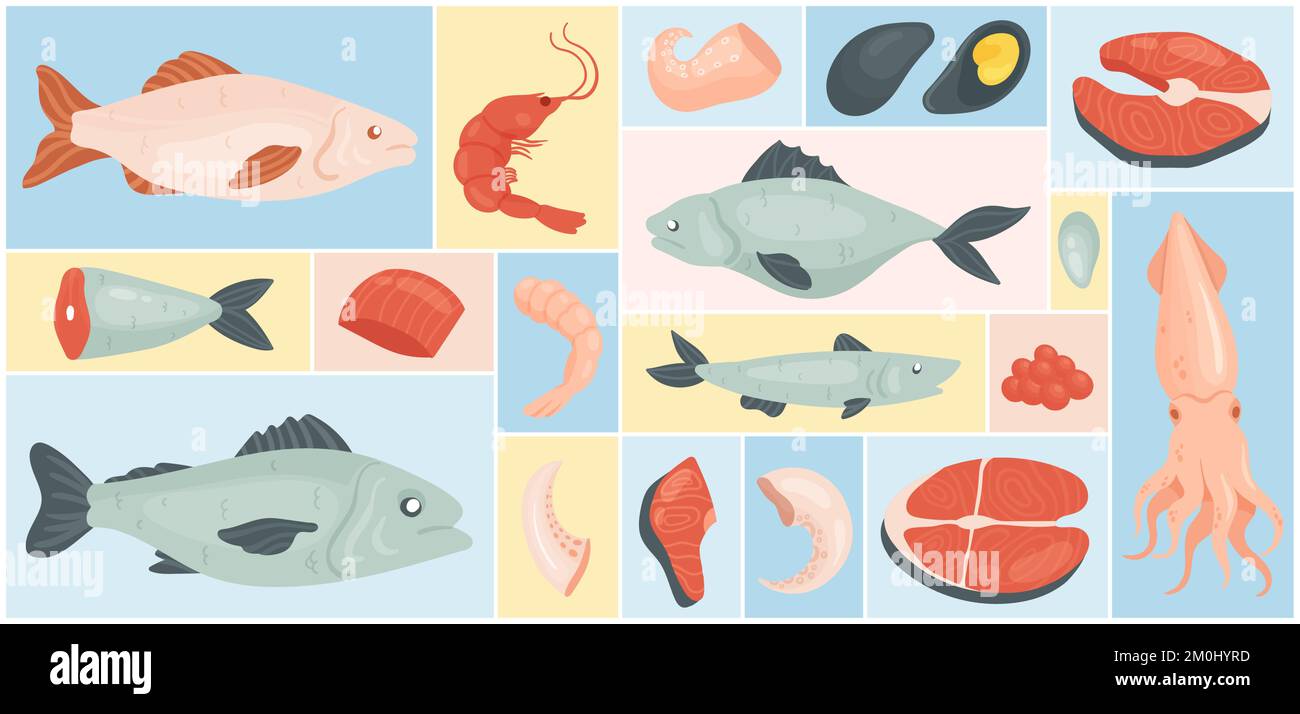 Cartoon marine food ingredient collection with fresh raw shrimp salmon ...