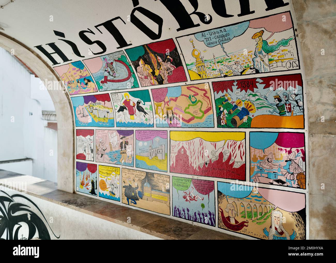 A mural of a graffiti comic strip with the history of Lisbon in ...