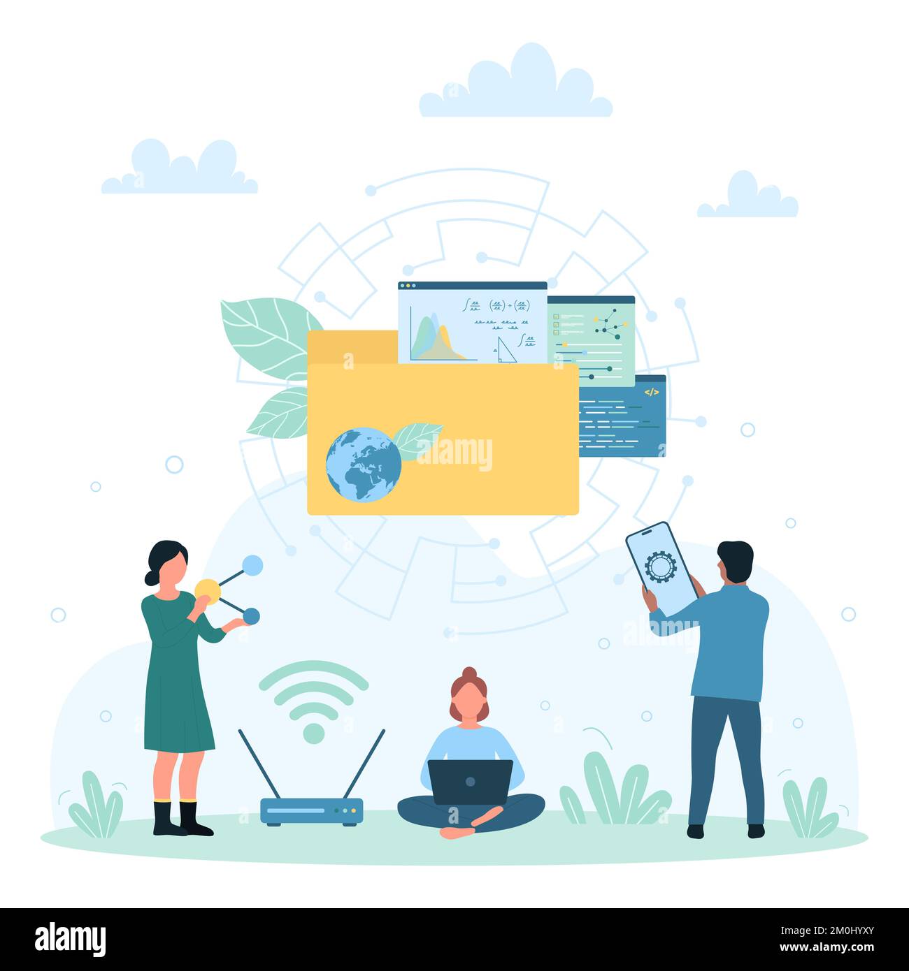 Online download and data transfer vector illustration. Cartoon tiny ... Online download and data transfer vector illustration. Cartoon tiny ...