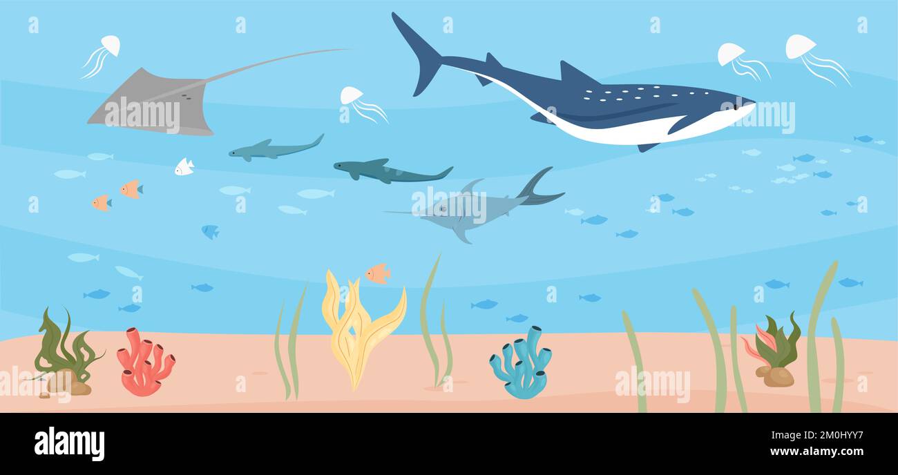 Ocean underwater world with coral, reef, and fish vector illustration ...