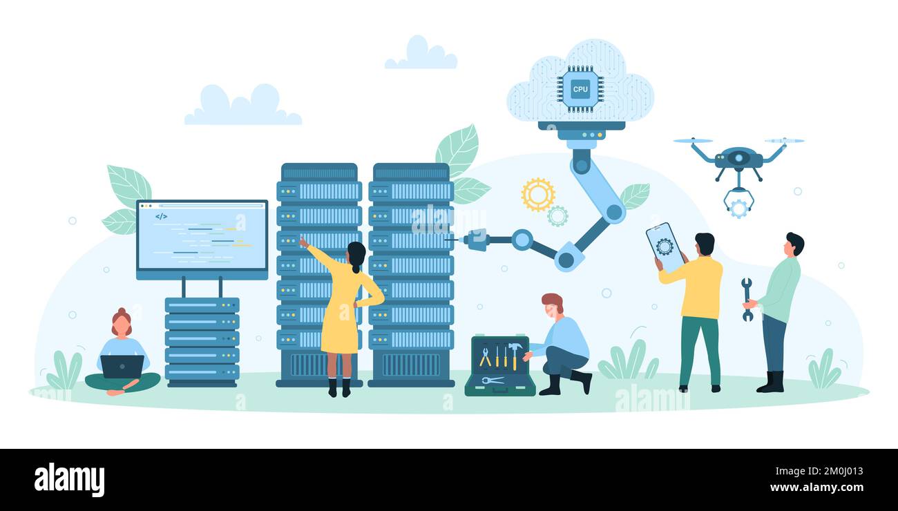 Datacenter technology, AI, hardware and software vector illustration ...