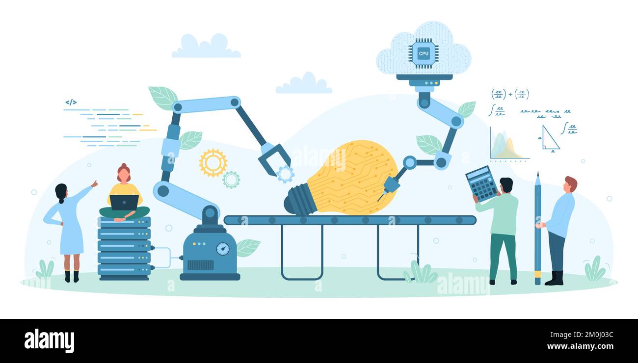 Project development vector illustration. Cartoon tiny people and robot ...