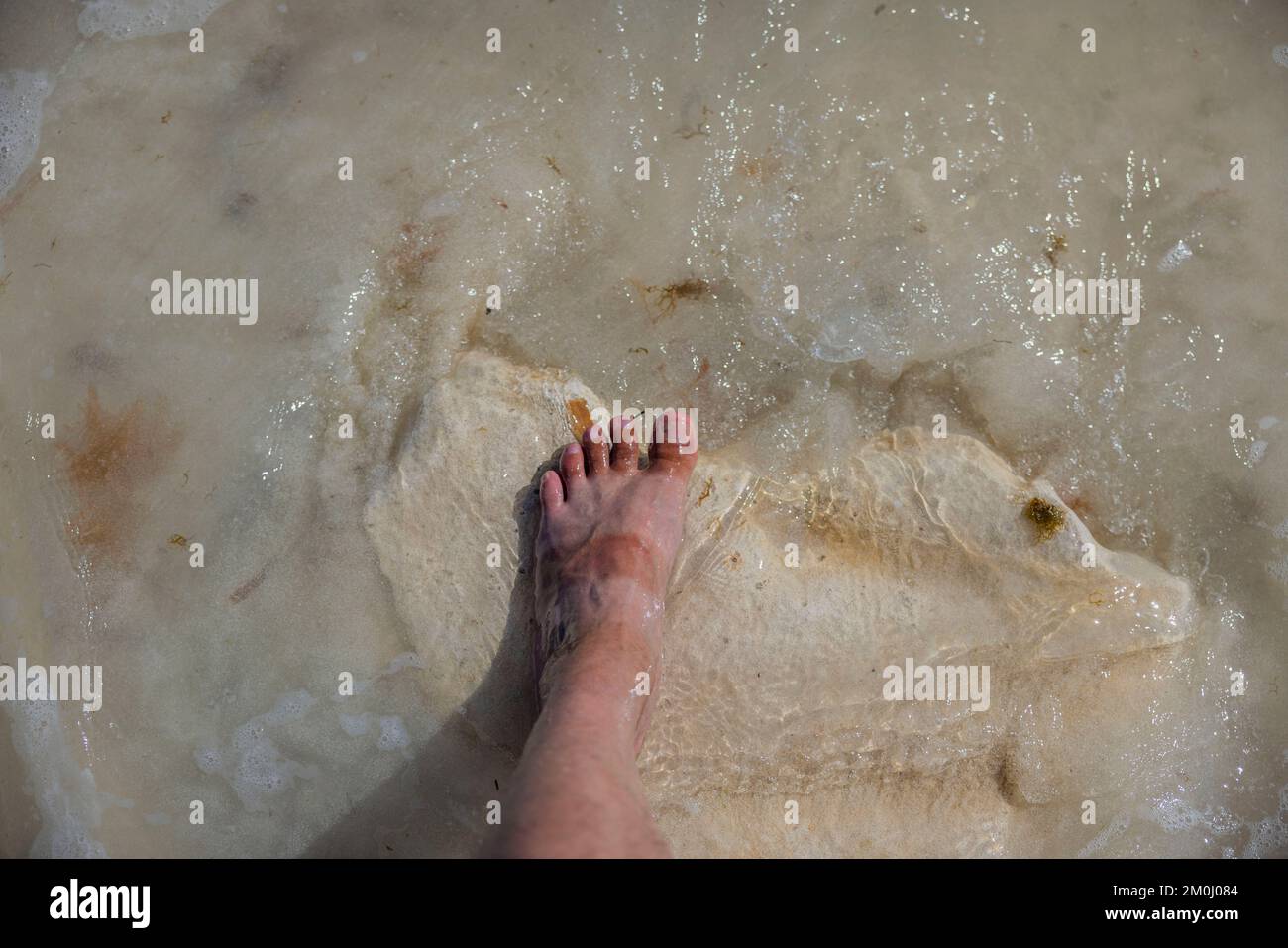 View of feet with sunburn marks of man standing on sandy coast with ...