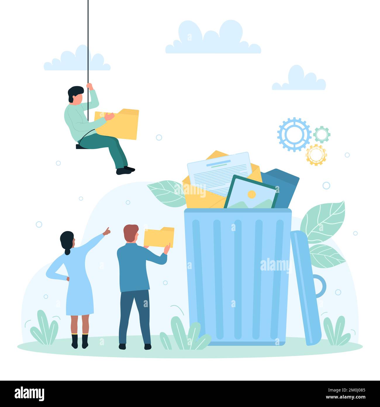 Data storage and management vector illustration. Cartoon tiny people delete files, emails and ...