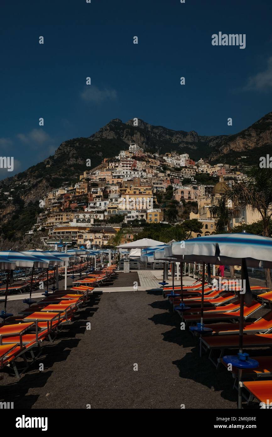 The colourful houses, shops and hotels of Positano layered vertical on ...