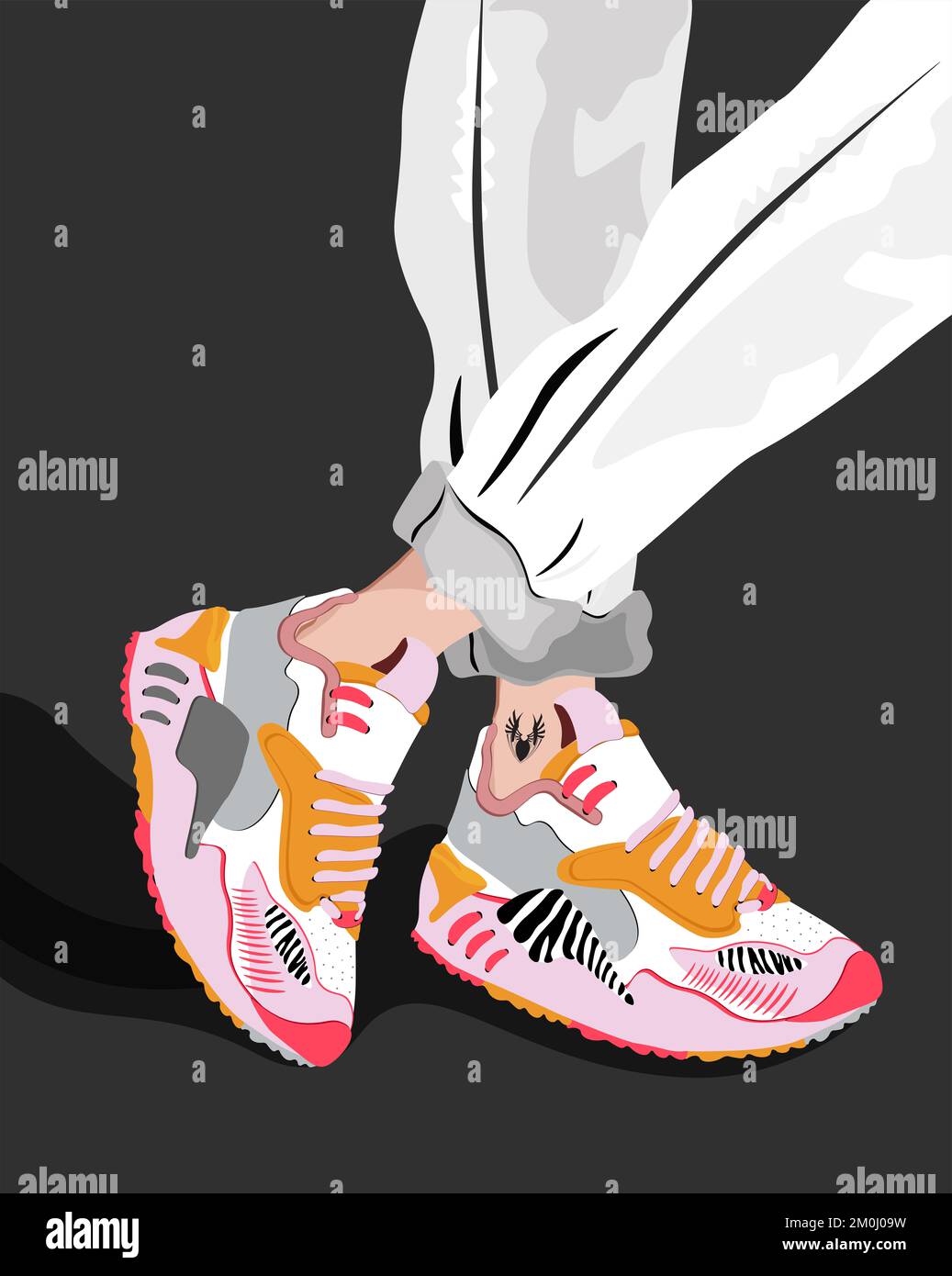 A vertical digital illustration of cartoon legs with cool sneakers ...