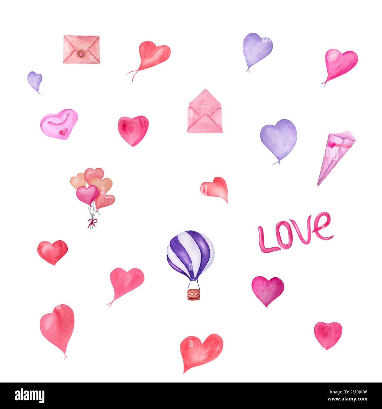 Watercolor Valentine's day elements set. Hand drawn cute romantic items ...