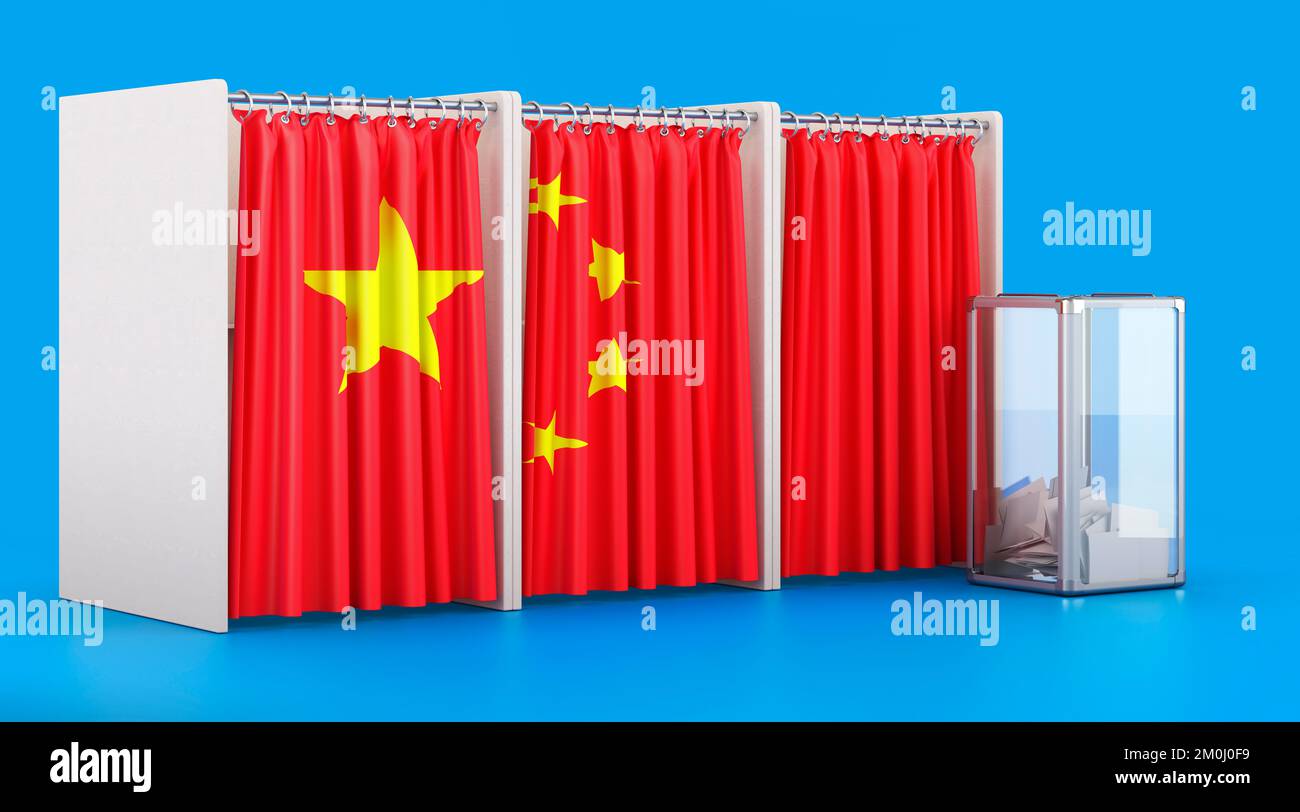 Voting booths with Chinese flag and ballot box. Election in China ...