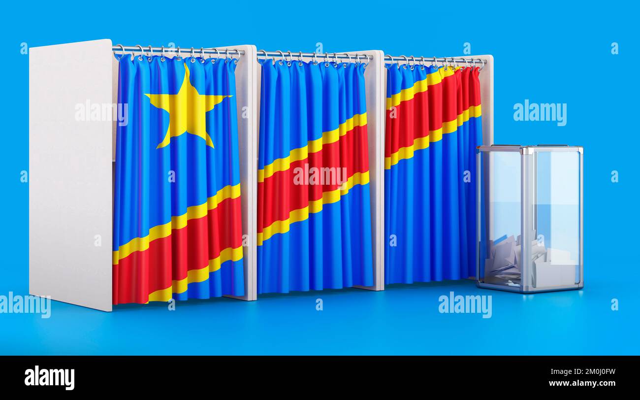 Voting booths with Congolese Democratic Republic flag and ballot box ...