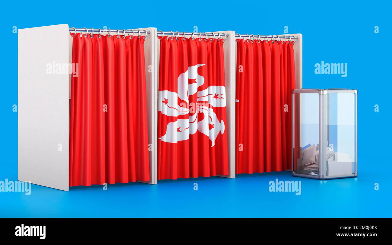 Voting booths with Hong Kong flag and ballot box. Election in Hong Kong ...