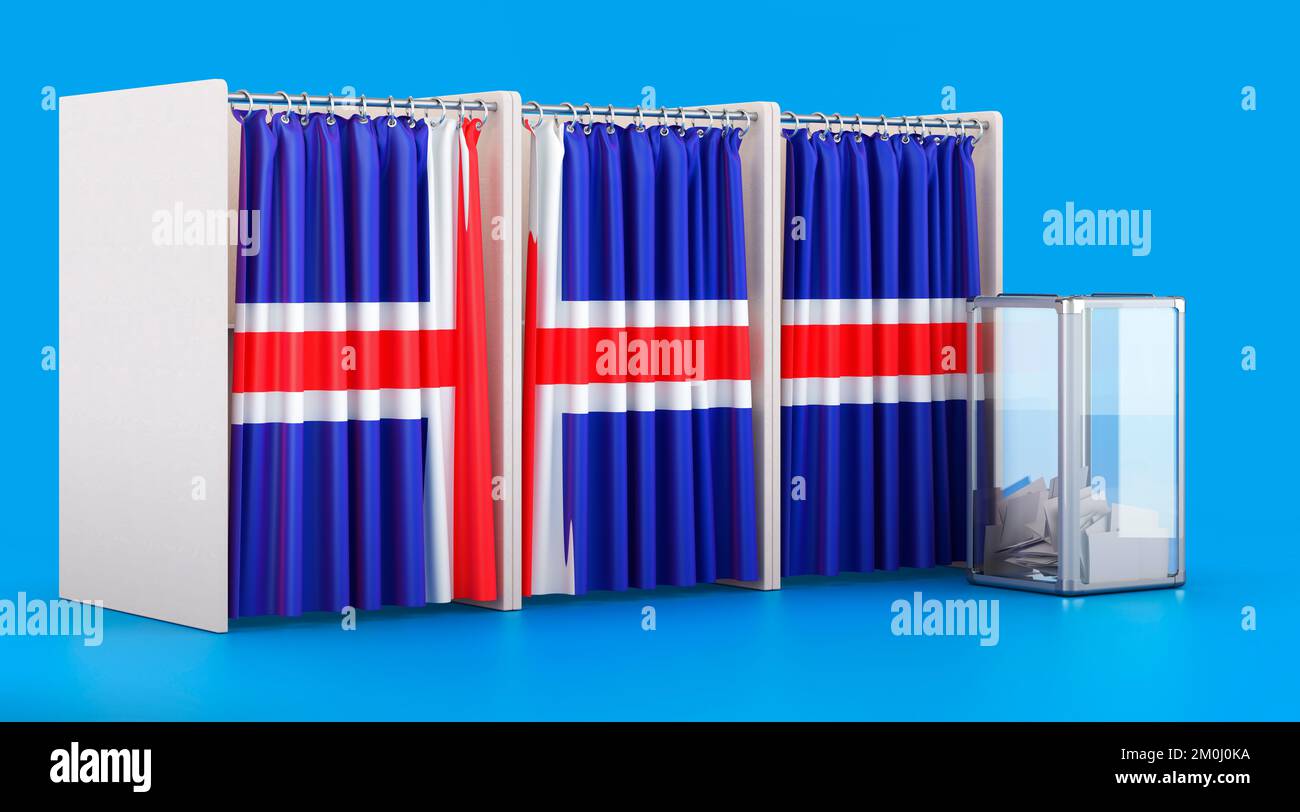 Voting booths with Icelandic flag and ballot box. Election in Iceland ...