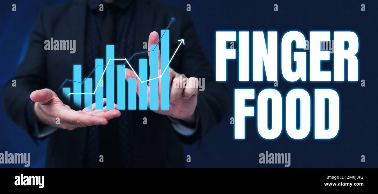 Conceptual caption Finger Food. Word for products and digestives that ...