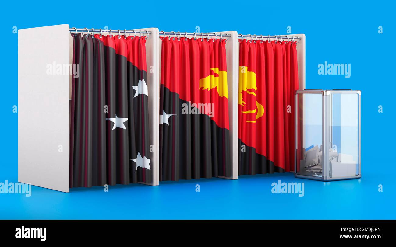 Voting booths with Papuan New Guinean flag and ballot box. Election in ...