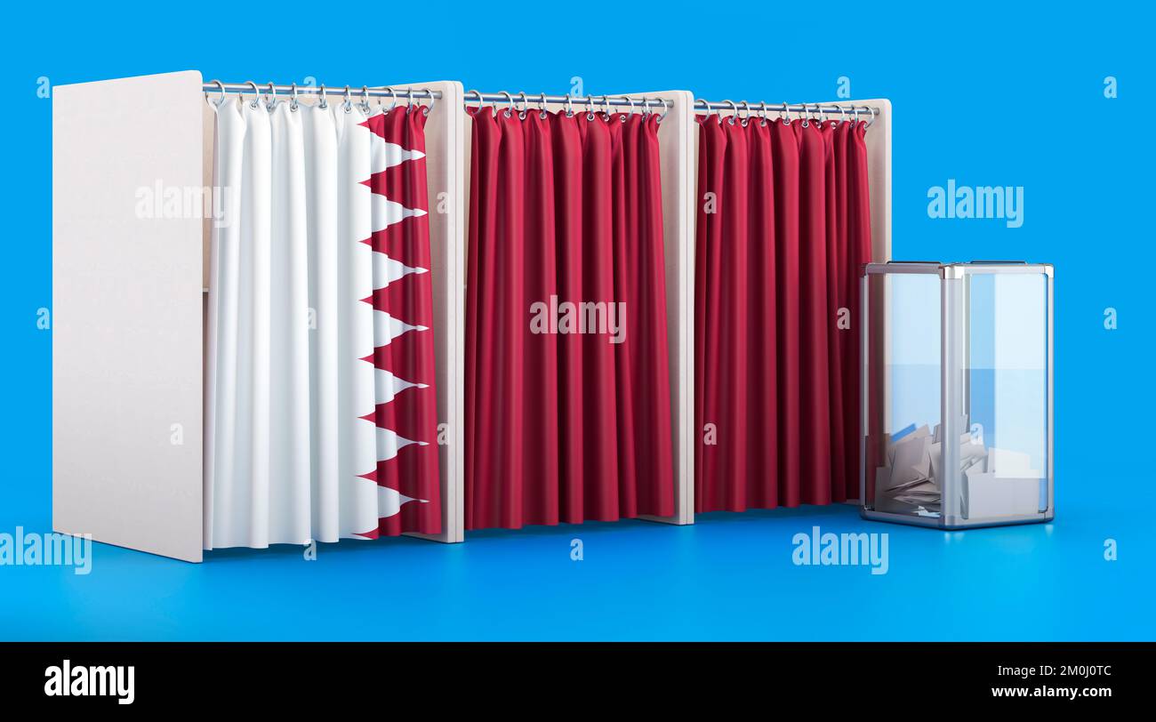 Voting booths with Qatari flag and ballot box. Election in Qatar ...