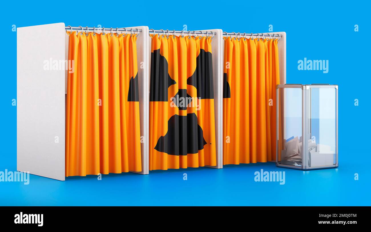 Voting booths with radiation sign and ballot box. 3D rendering isolated ...
