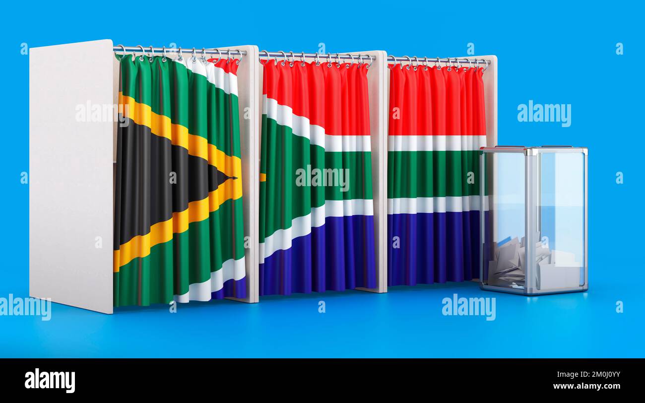 Voting booths with South African flag and ballot box. Election in South ...
