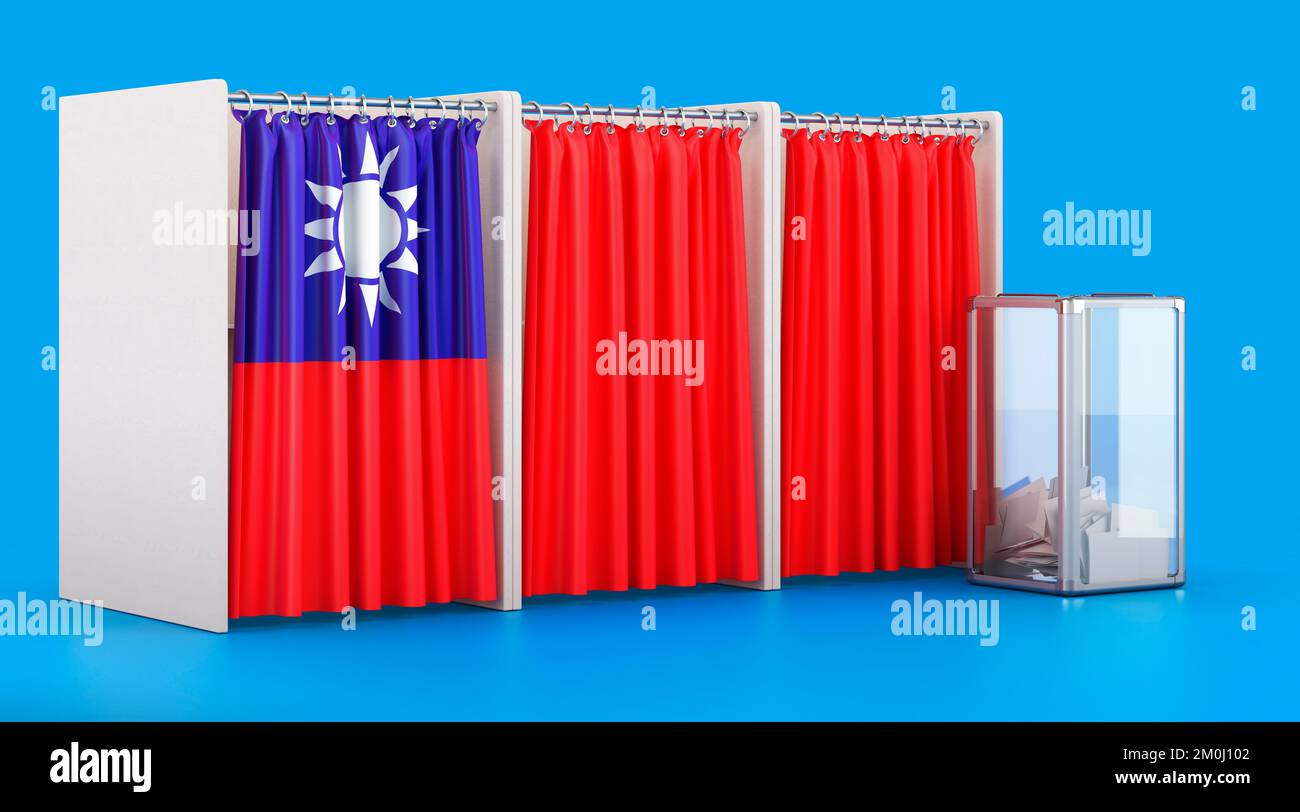 Voting booths with Taiwanese flag and ballot box. Election in Taiwan ...
