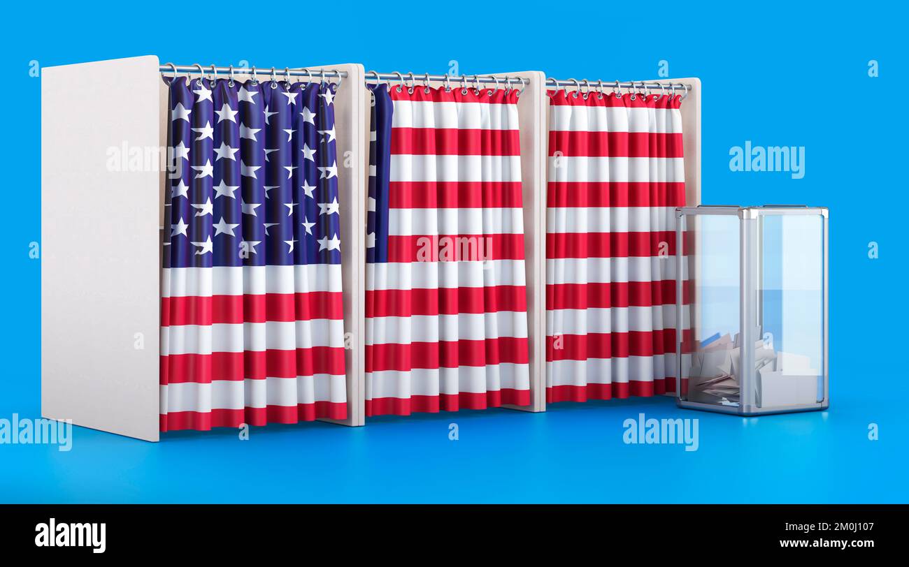 Voting booths with the United States flag and ballot box. Election in ...